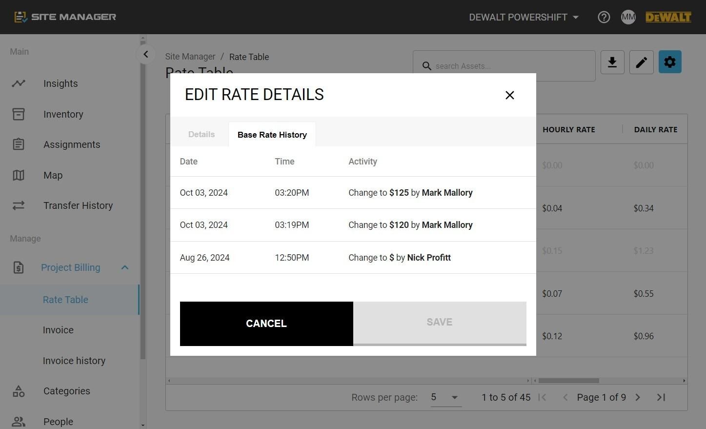 Project Billing > Rate Table – DEWALT