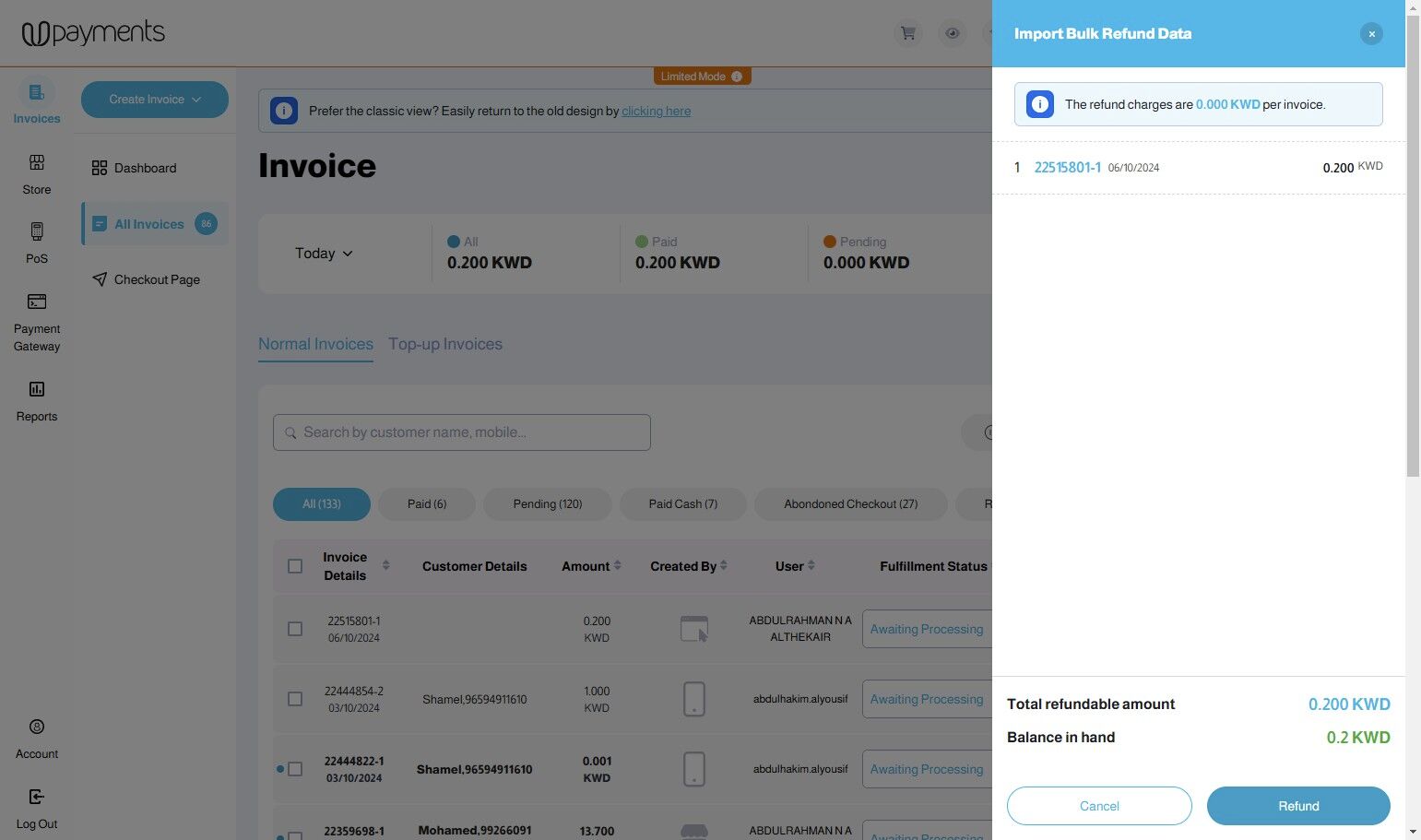 Refund Invoices