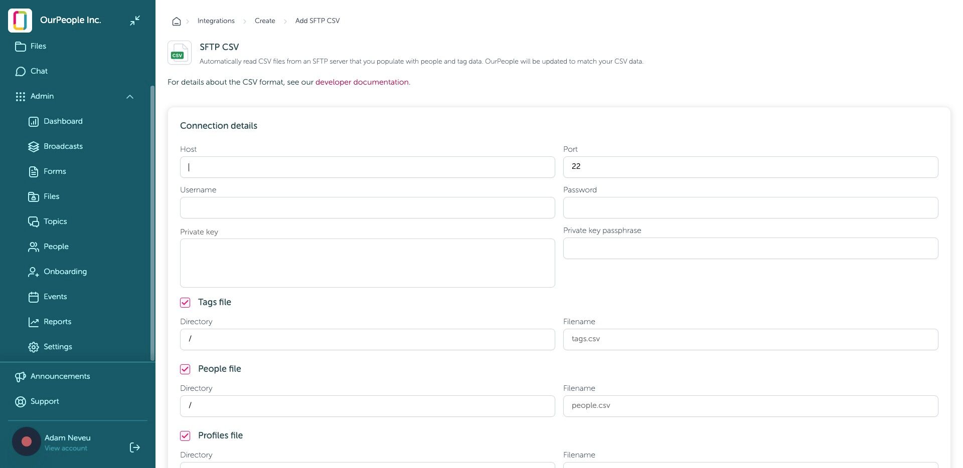 CSV/SFTP Integration Setup – OurPeople