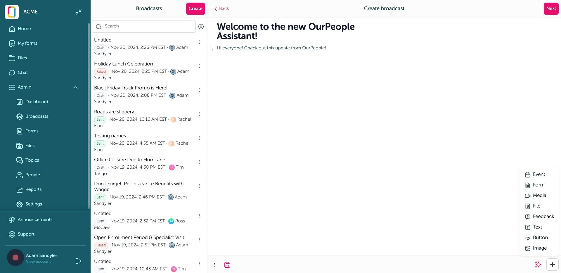 Step 1: Creating a Broadcast using blocks – OurPeople