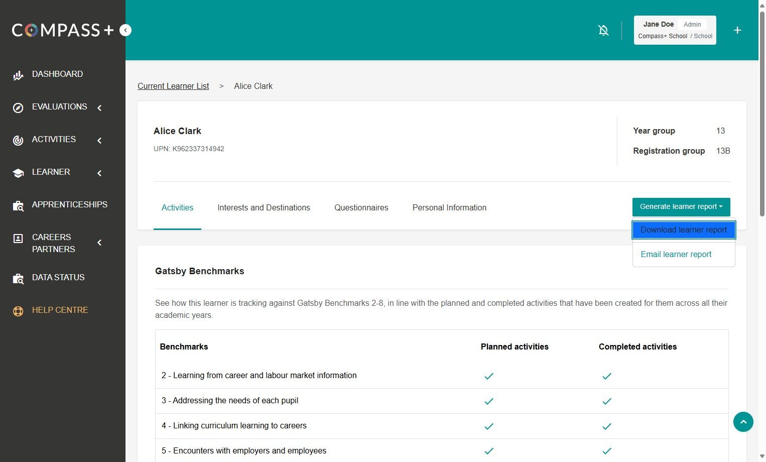 Learner Profile - Activities tab – The Careers & Enterprise Company