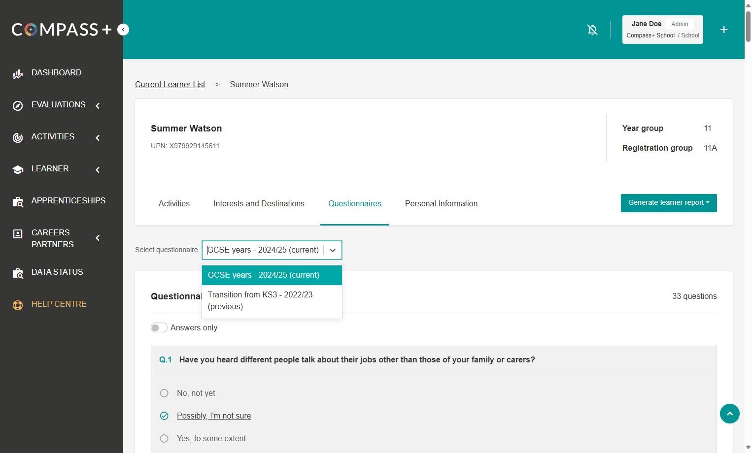 Learner Profile - Questionnaires tab – The Careers & Enterprise Company