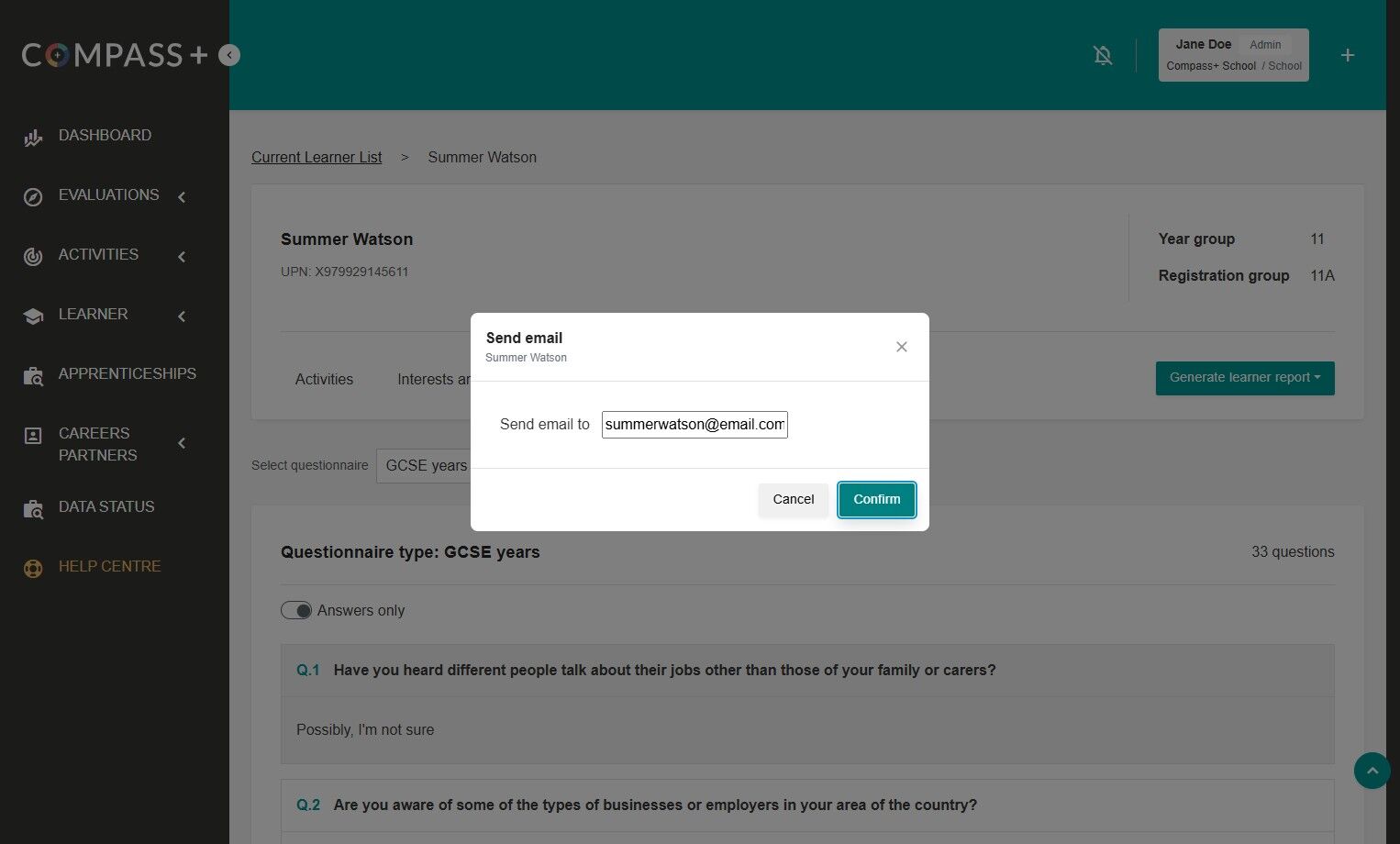 Learner Profile - Questionnaires tab – The Careers & Enterprise Company