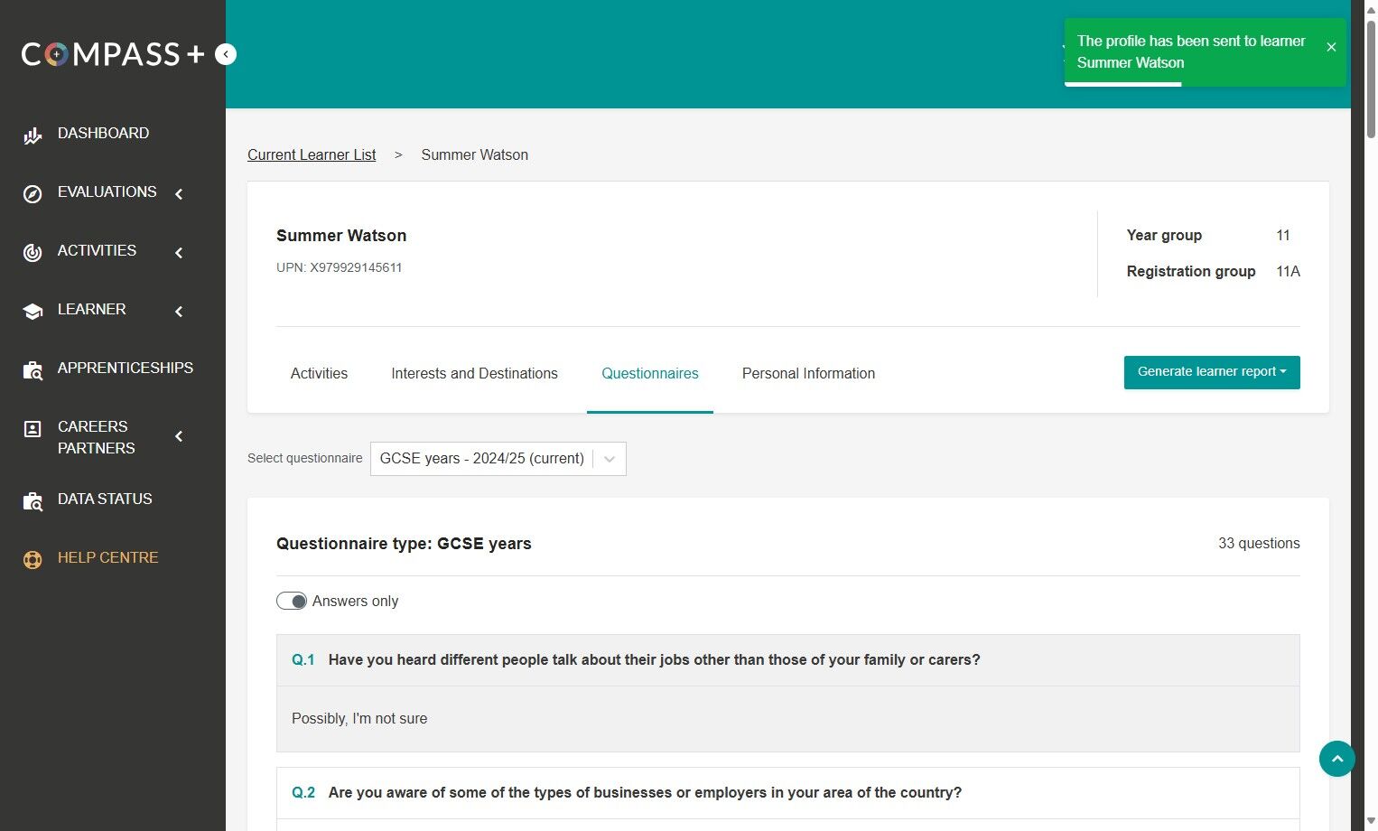 Learner Profile - Questionnaires tab – The Careers & Enterprise Company