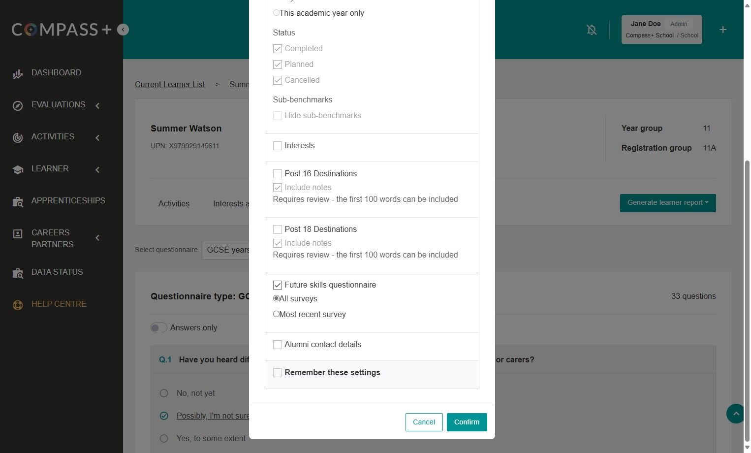 Learner Profile - Questionnaires tab – The Careers & Enterprise Company