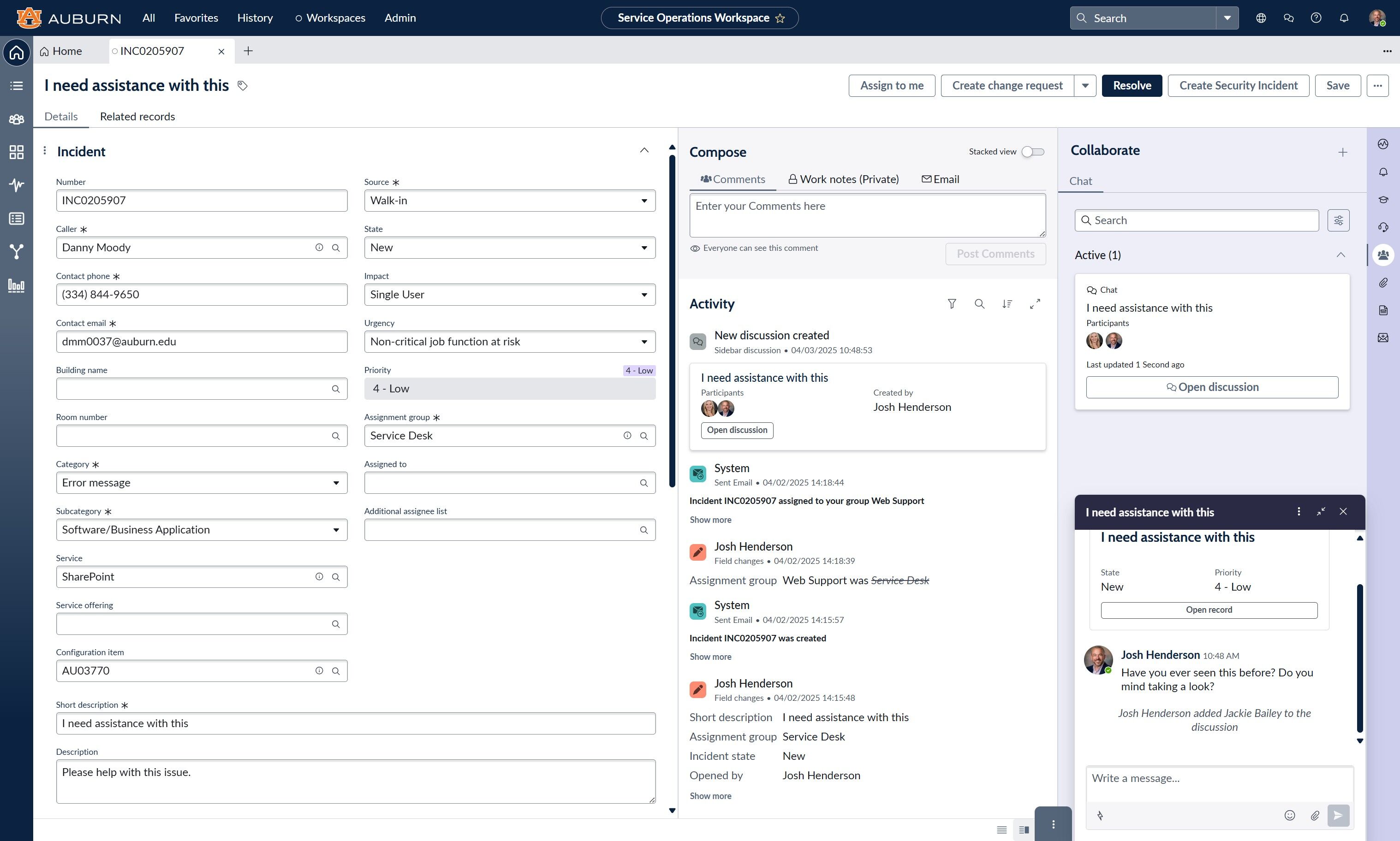 - Start a Sidebar Discussion in the Service Operations Workspace - Service Portal