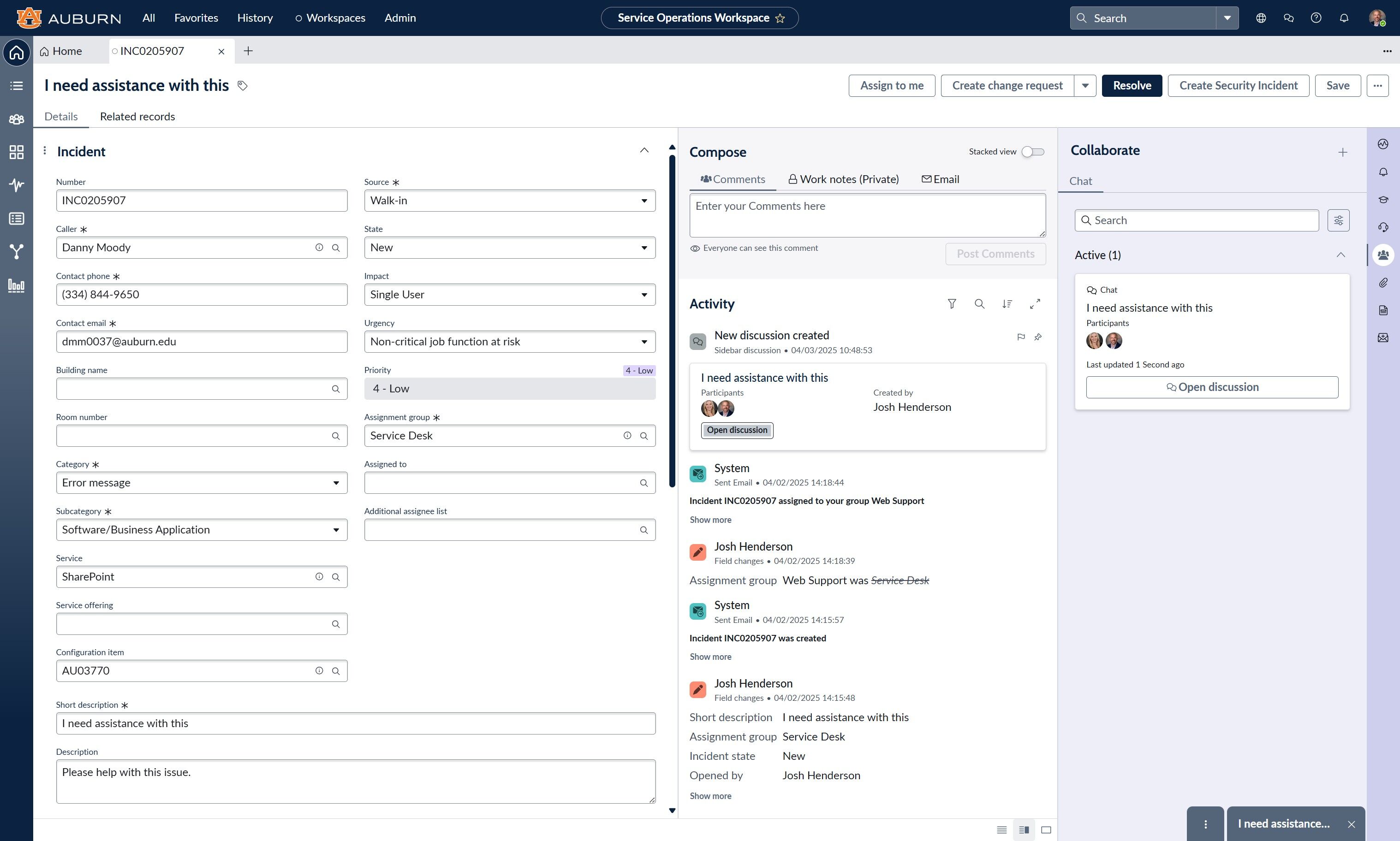 - Start a Sidebar Discussion in the Service Operations Workspace - Service Portal