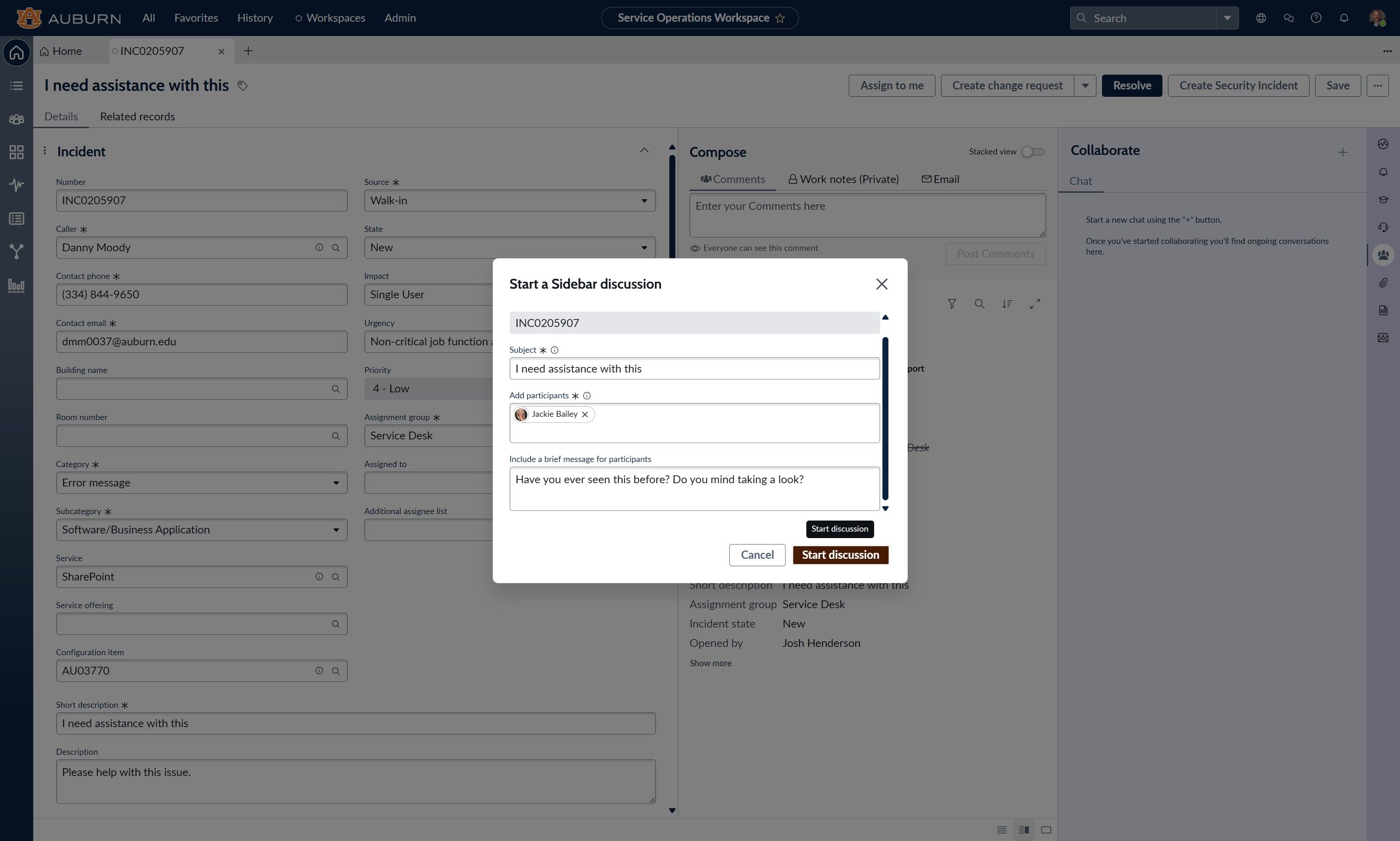 - Start a Sidebar Discussion in the Service Operations Workspace - Service Portal