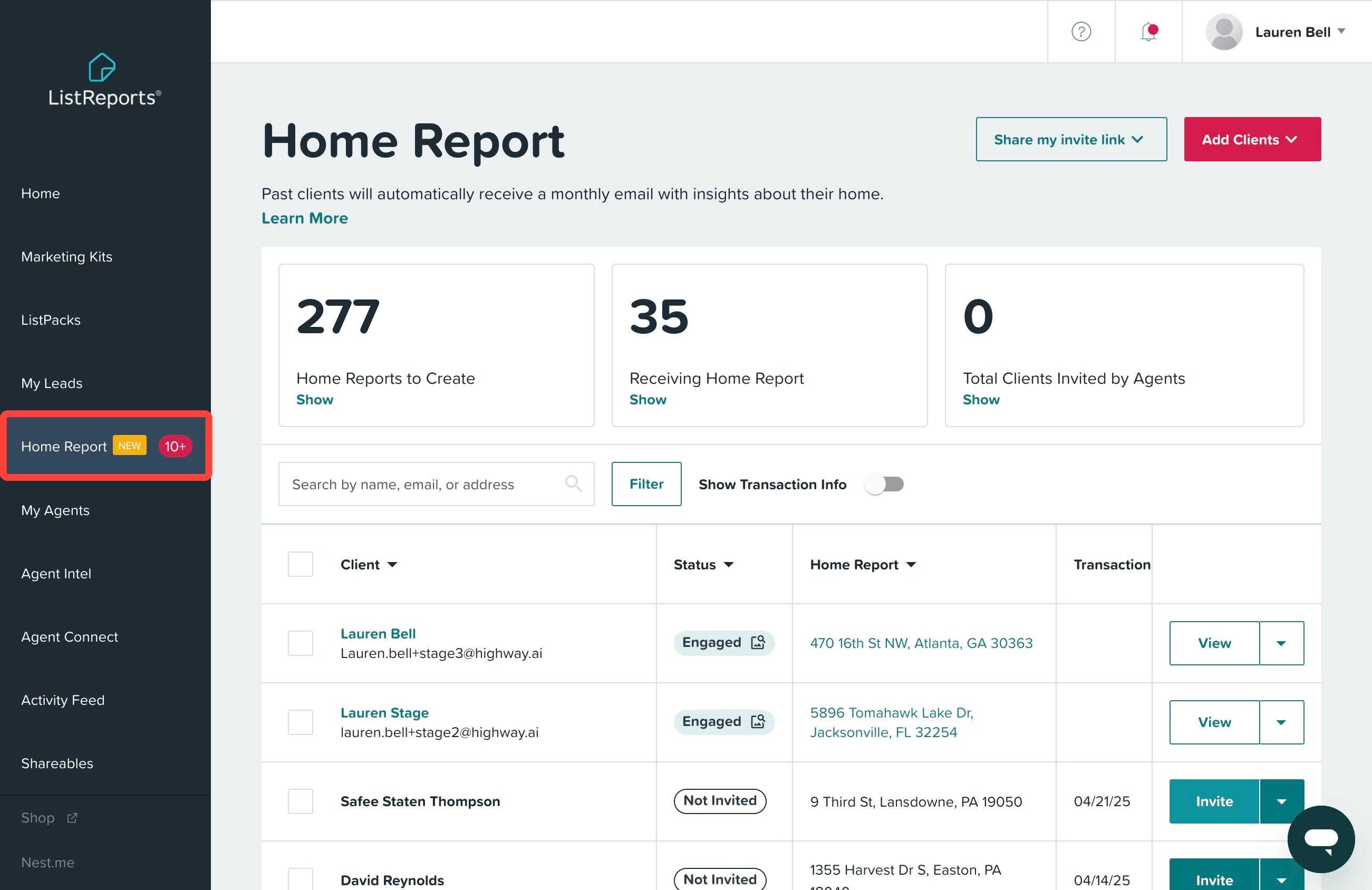 Inviting Individual Clients to Home Report for Agents – ListReports