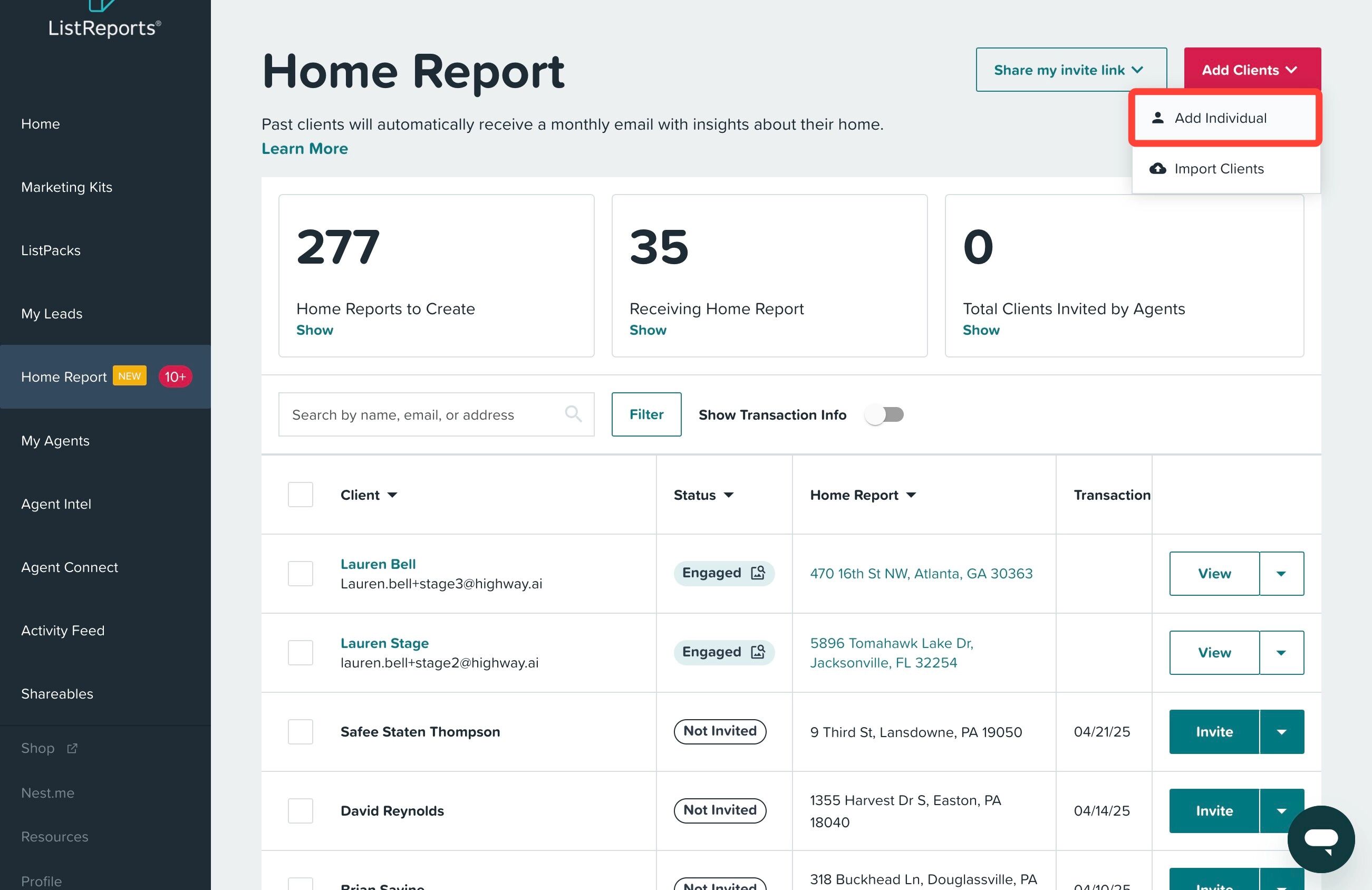 Inviting Individual Clients to Home Report – ListReports