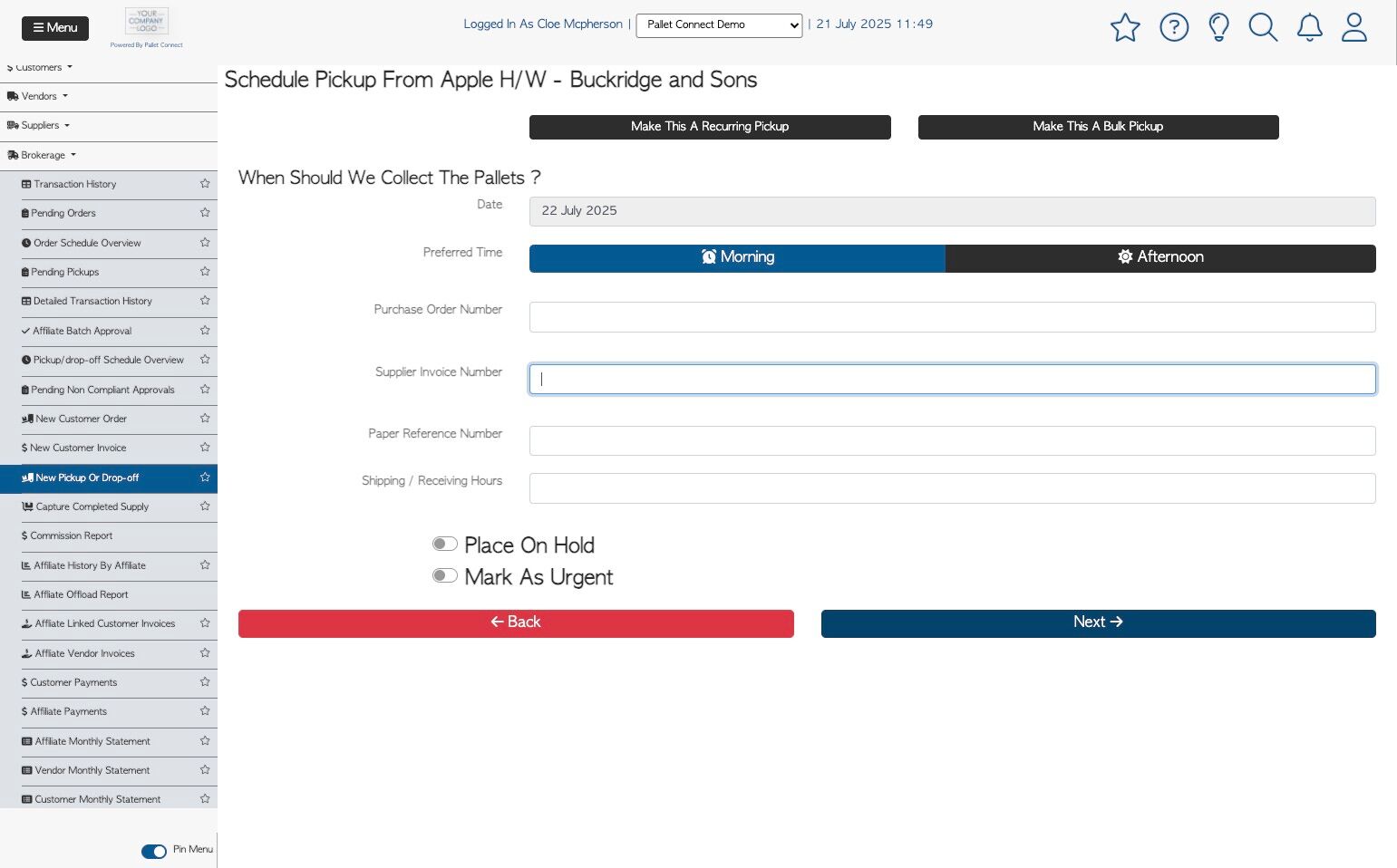 How To Create a Vendor pick-up for a Broker.