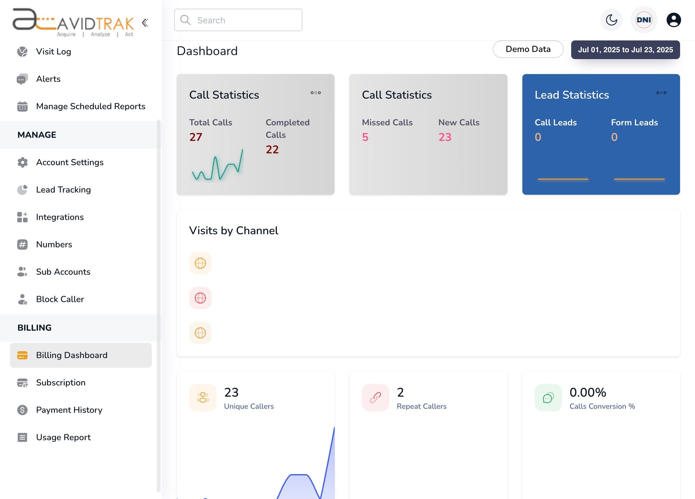Billing Dashboard - AvidTrak