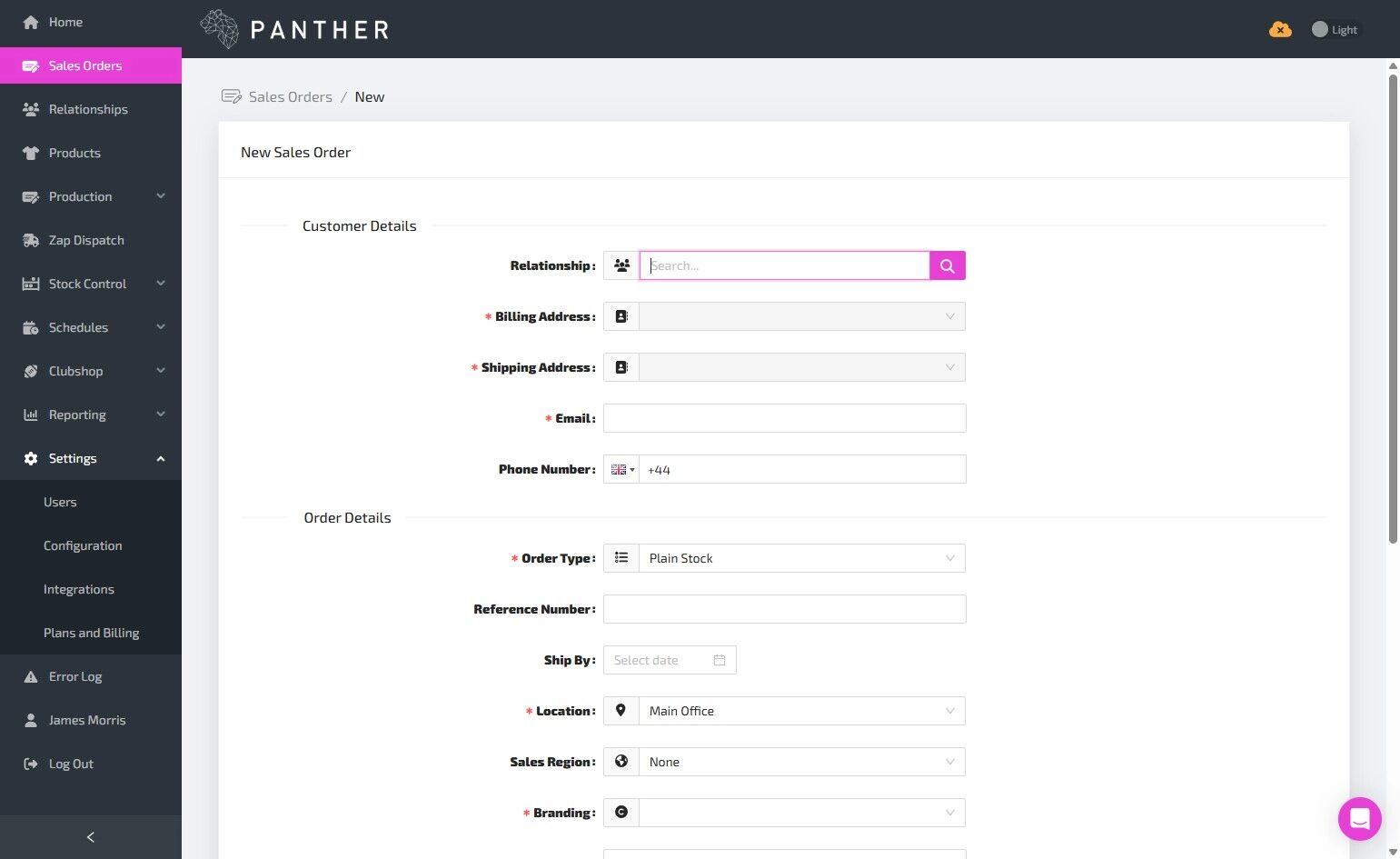 Creating a Sales Order | Panther Docs